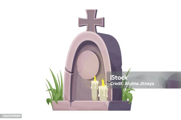 Kuburan Batu Tugu Peringatan Dengan Rumput Dan Lilin Bergaya Kartun