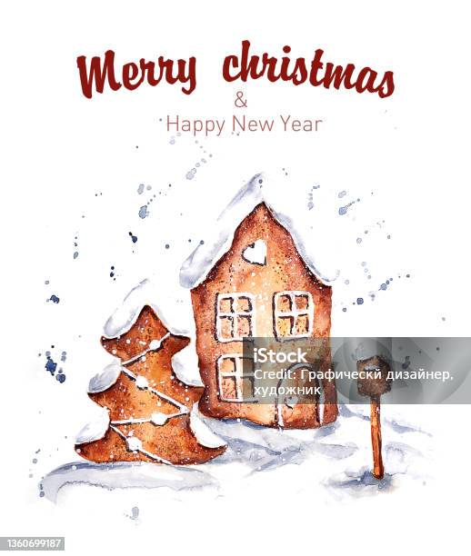 Kartu Natal Dengan Rumah Roti Jahe Dan Pohon Natal Ilustrasi Stok