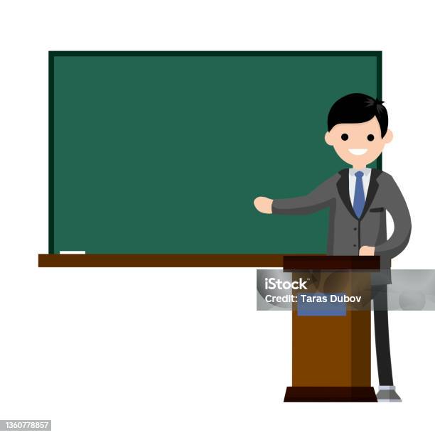 School Teacher Stands Near Blackboard Lecturer In College In Classroom