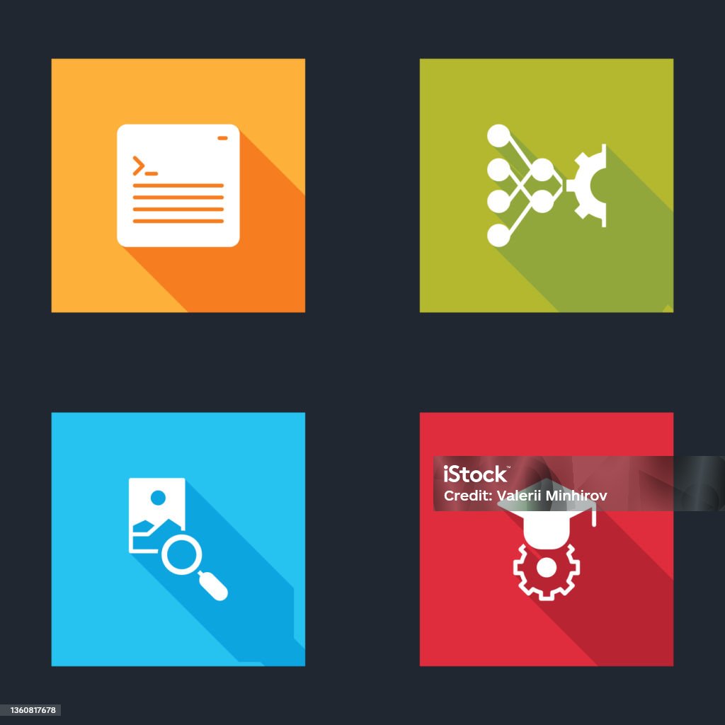 Set Web Developer Programming Code Neural Network Photo Retouching And Graduation Cap Icon