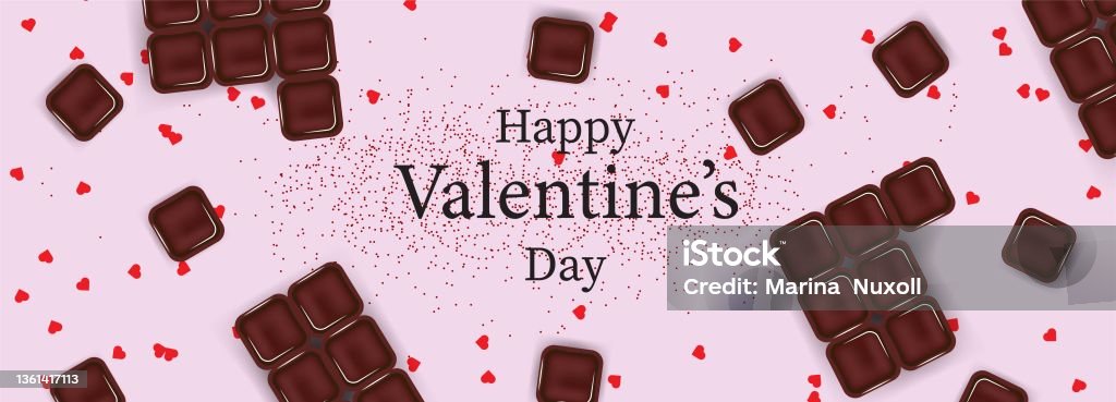 Selamat Hari Valentine Spanduk Dengan Cokelat Dan Confetti Pada Latar