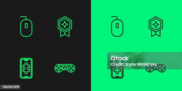 Set Line Game Controller Or Joystick Mobile Gaming Computer Mouse And Rating With Medal Icon