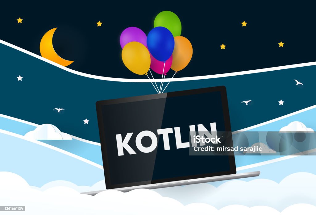 Balloons Carries Laptop With Word Kotlin Stock Illustration Download Image Now Computer