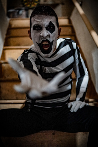 Vertical Horrifying Shot Of A Male In A Mime Costume Posing With A