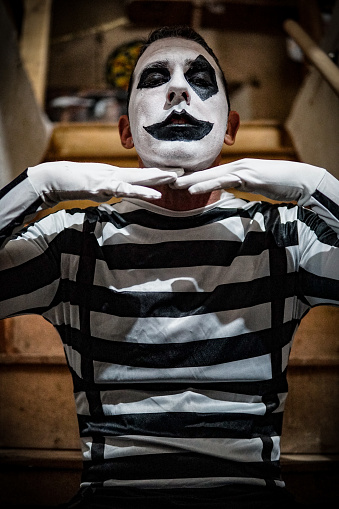 Vertical Horrifying Shot Of A Male In A Mime Costume Posing With A