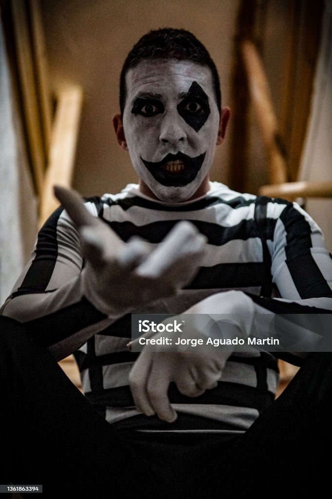 Vertical Horrifying Shot Of A Male In A Mime Costume Posing With A