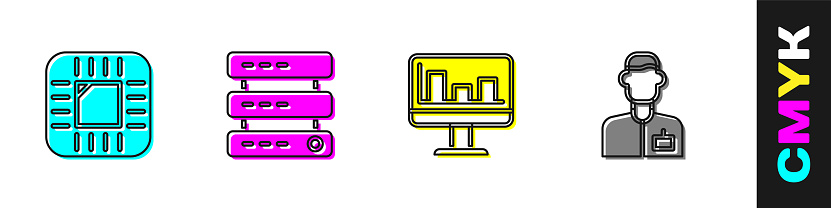 Set Processor With Cpu Server Data Web Hosting Monitor Graph Chart And Analyst Engineer Icon