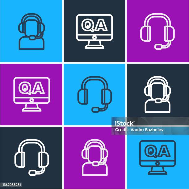 Atur Line Man Dengan Headset Headphone Dan Ikon Tanya Jawab Vektor ... Atur Line Man Dengan Headset Headphone Dan Ikon Tanya Jawab Vektor ...