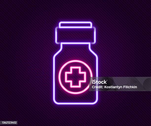 Ligne Néon Brillante Flacon De Médicament Et Icône De Pilules Isolée