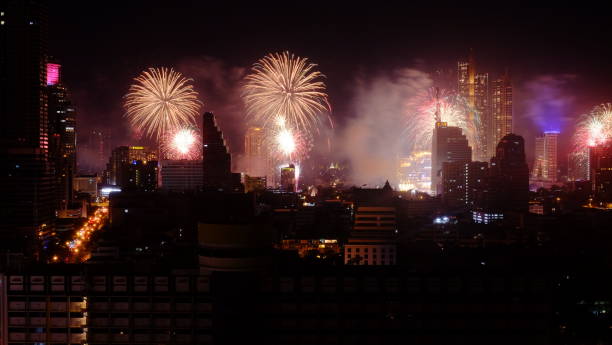 210 Fireworks Countdown Happy New Year Bangkok Asia Thailand Stock