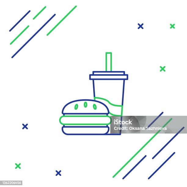Ligne Bleue Et Verte Verre En Papier Avec Paille À Boire Et Icône De