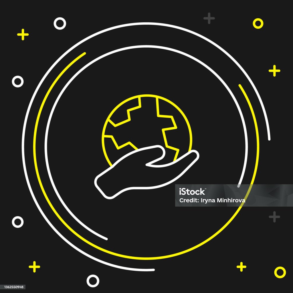 Line Human Hand Holding Earth Globe Icon Isolated On Black Background