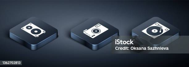 Atur Speaker Stereo Isometrik Pemutar Vinil Dengan Disk Vinil Dan Ikon
