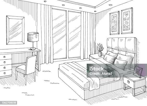 Vektor Ilustrasi Sketsa Interior Hitam Putih Grafis Kamar Tidur