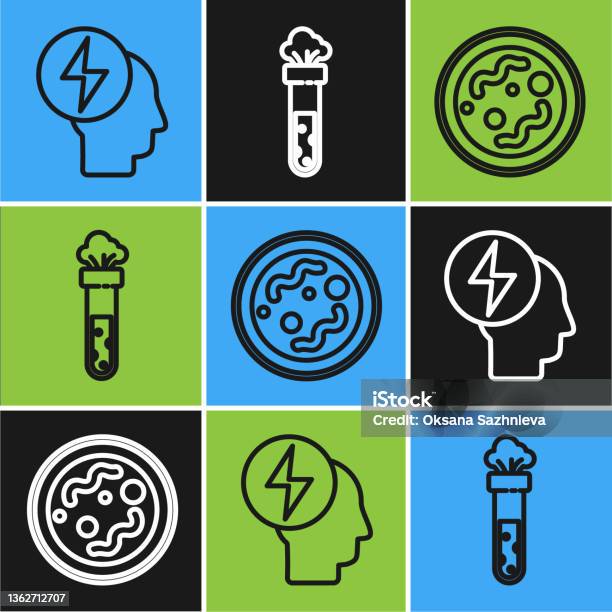 Réglez La Ligne Tête Et Symbole Électrique Bactéries Et Tube À Essai Et