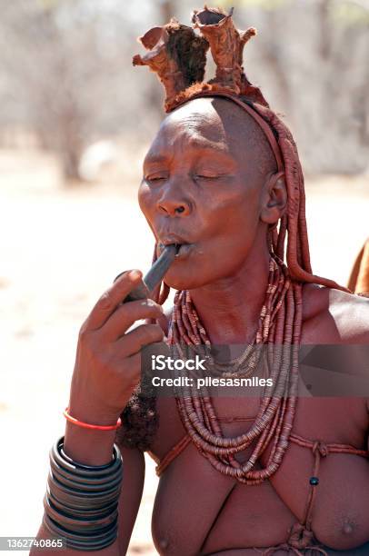 Pipesmoking Old Himba Tribal Woman Himba Tribal Village Damaraland Namibia Southern Africa Stock