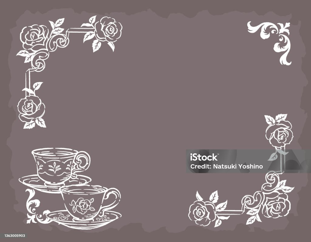 Decorative Frame With Rose Flower And Vintage Tea Cups Vector