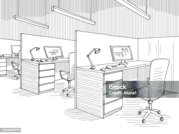 Vektor Ilustrasi Sketsa Interior Hitam Putih Grafis Kantor Ilustrasi
