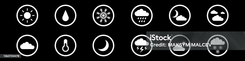Wettersymbole Eingestellt Moderne Weiße Piktogramme Prognostizieren ... Wettersymbole Eingestellt Moderne Weiße Piktogramme Prognostizieren ...