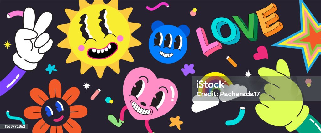 Tangan Digambar Datar Trendi Kartun Elemen Koleksi Jadul Kartun