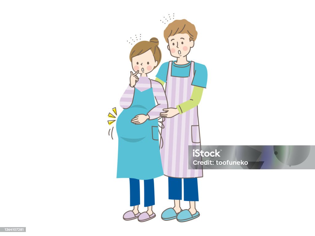 Pregnant Smiling Woman And Husband In Apron Stock Illustration