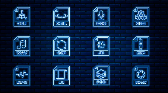 Set Line Raw File Document Zip Ogg Wav Obj Js And Xml Icon Vector