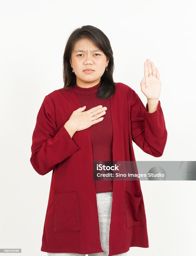 Swearing Or Promise Gesture Of Beautiful Asian Woman Wearing Red Shirt