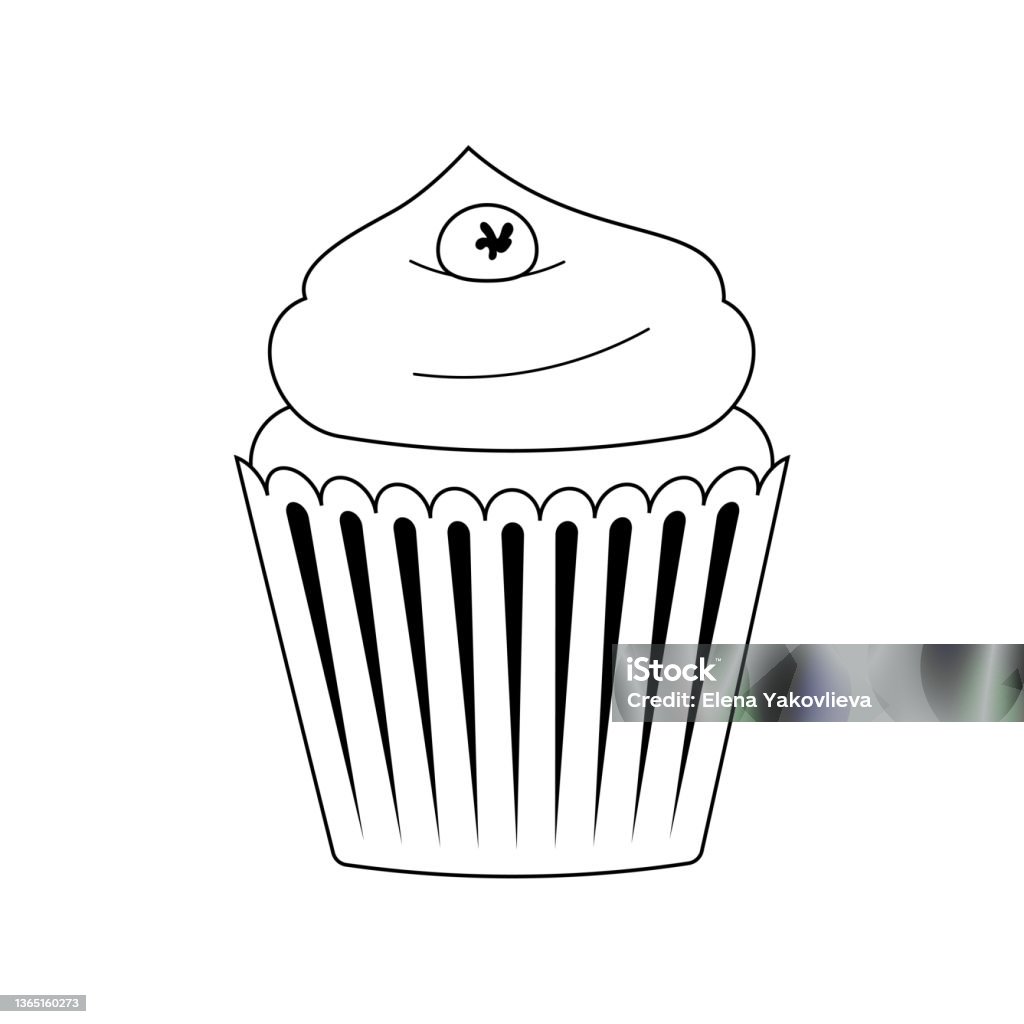 Black And White Cupcake With Blueberries In Line Style Stock