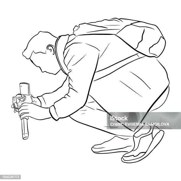 Croquis Desquisse De Lhomme Avec Des Squats De Sac À Dos Et Prend Une