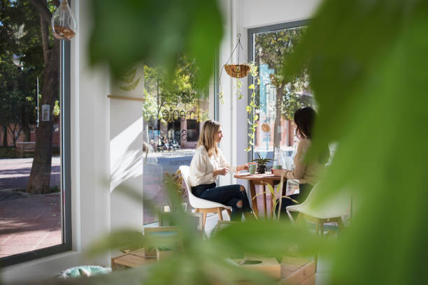Free Stock Photo of Two people inside a modern cafe conversing over ...