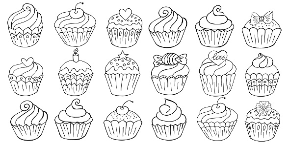 Ilustración De Gran Conjunto De Iconos De Cupcakes Magdalenas En Estilo