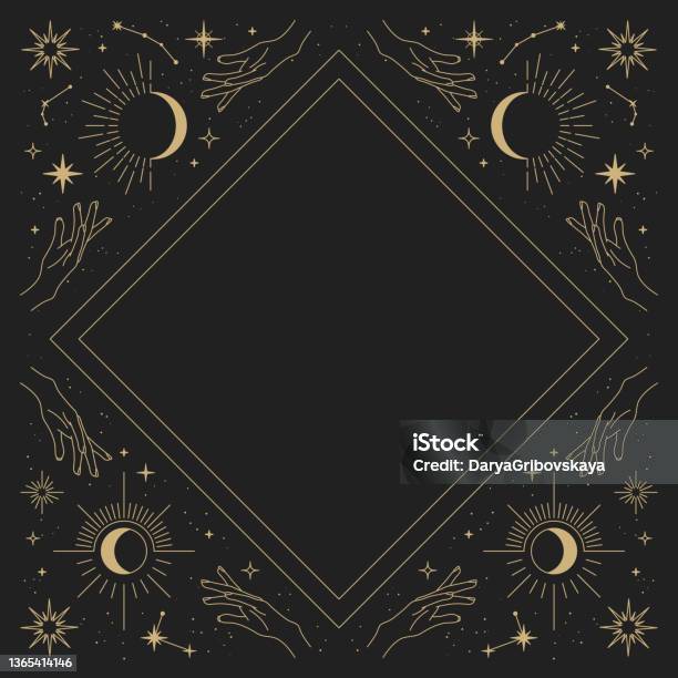 Bingkai Vektor Ajaib Dengan Matahari Tangan Bulan Bintang Dan Rasi