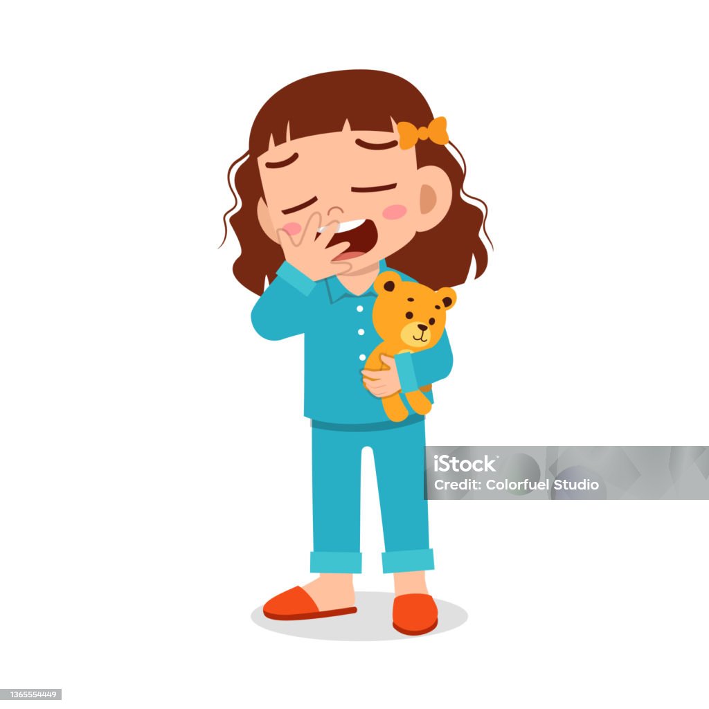 Gadis Kecil Yang Lucu Merasa Mengantuk Dan Ingin Tidur Ilustrasi Stok