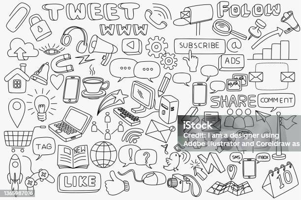 Vector Line Art Doodle Cartoon Ensemble Dobjets Et De Symboles Sur Le