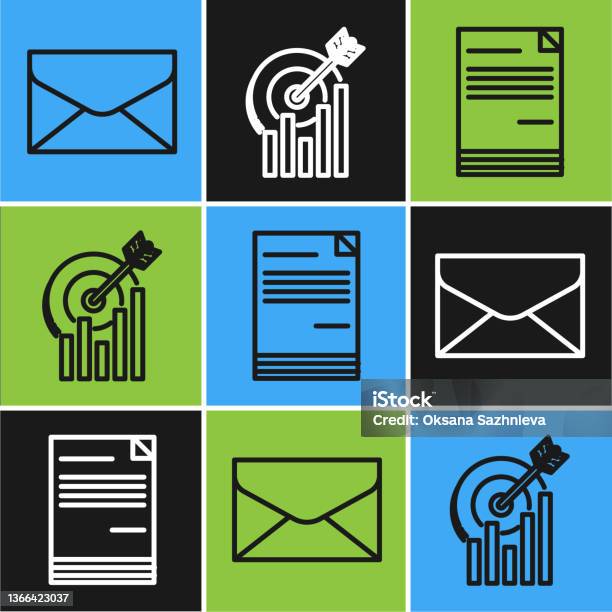 Vetores De Definir A Linha Envelope Documento E Destino Com Ícone