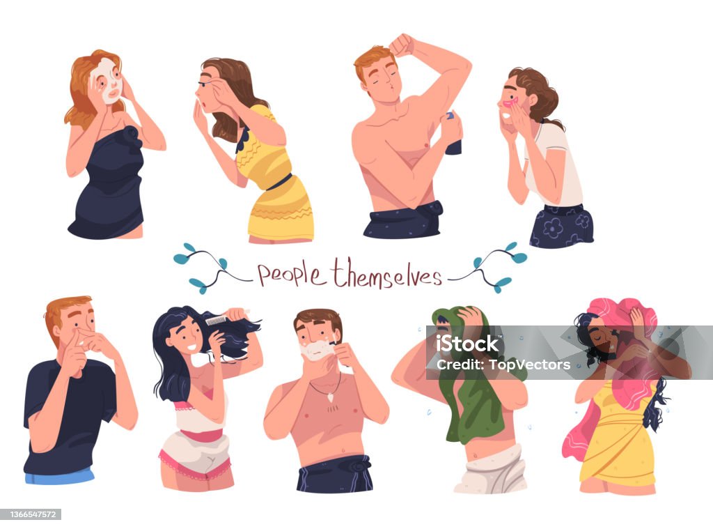 People Character In The Bathroom Doing Hygiene Procedure Brushing Hair