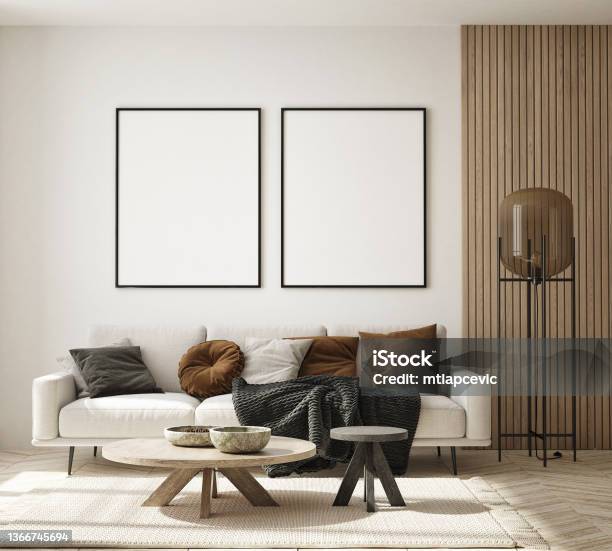 Bingkai Poster Mock Up Dengan Latar Belakang Interior Modern Ruang Tamu