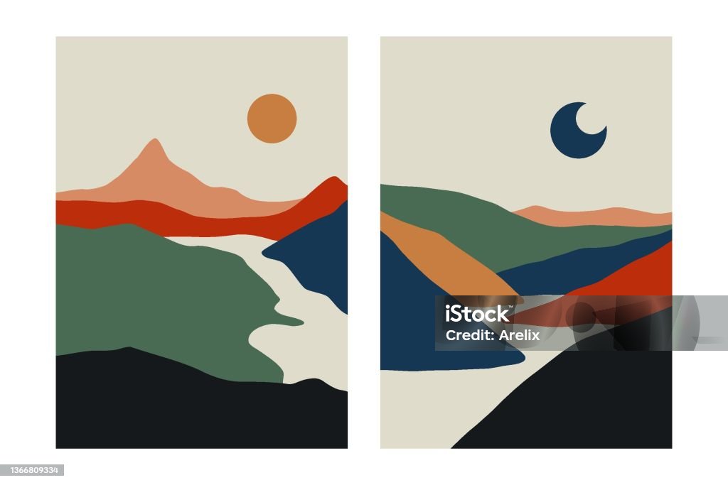 Poster Lanskap Minimalis Abstrak Alam Wallpaper Gunung Kontemporer
