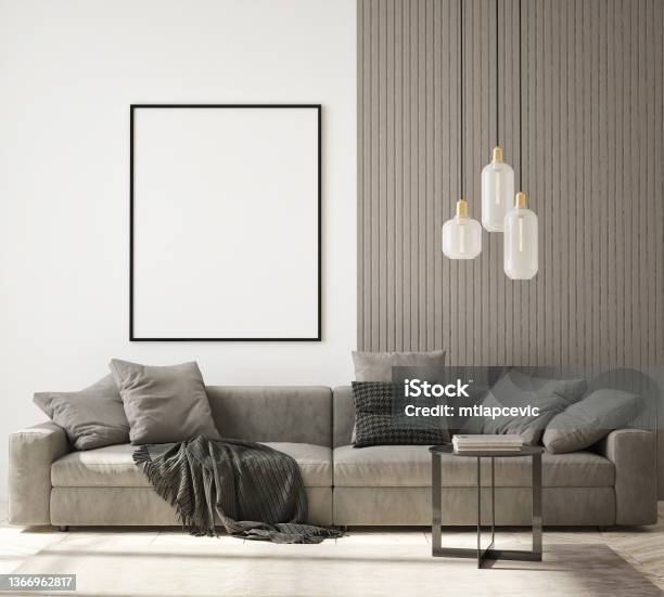 Bingkai Poster Mock Up Dengan Latar Belakang Interior Modern Ruang Tamu