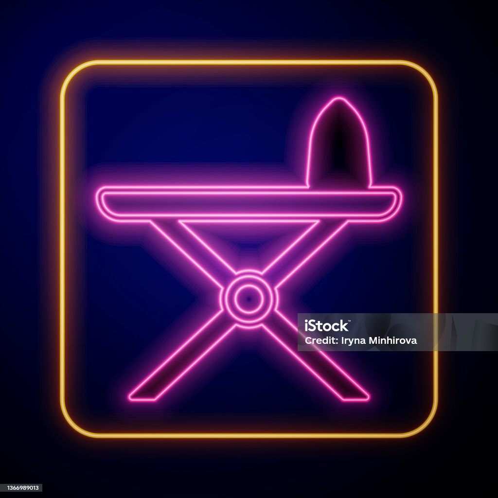Glowing Neon Electric Iron And Ironing Board Icon Isolated On Black