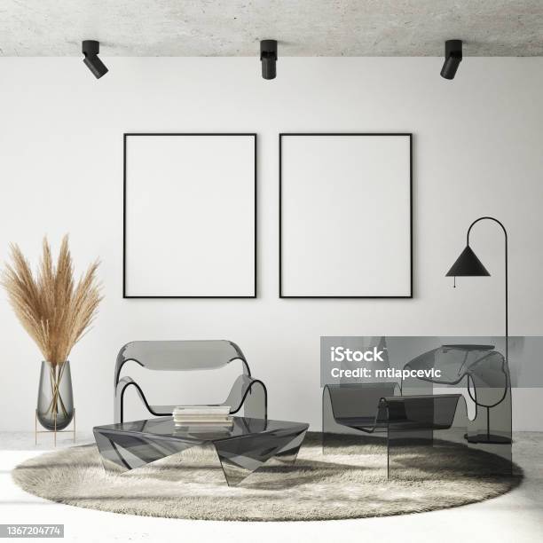 Bingkai Poster Mock Up Dengan Latar Belakang Interior Modern Ruang Tamu