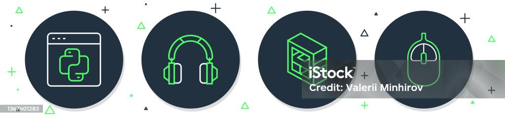 Set Line Headphones Computer Python Programming Language And Mouse Icon Vector Stock