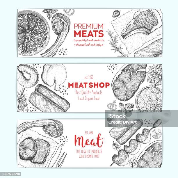 Vue De Dessus De La Viande Collection De Bannières Jeu Dillustrations