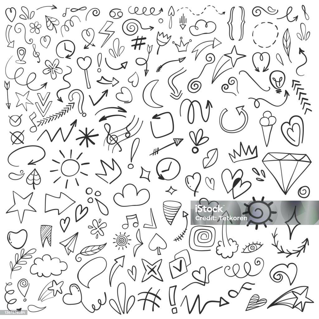 Decorative Doodles Hand Drawn Pointing Arrow Outline Shapes Ink Signs