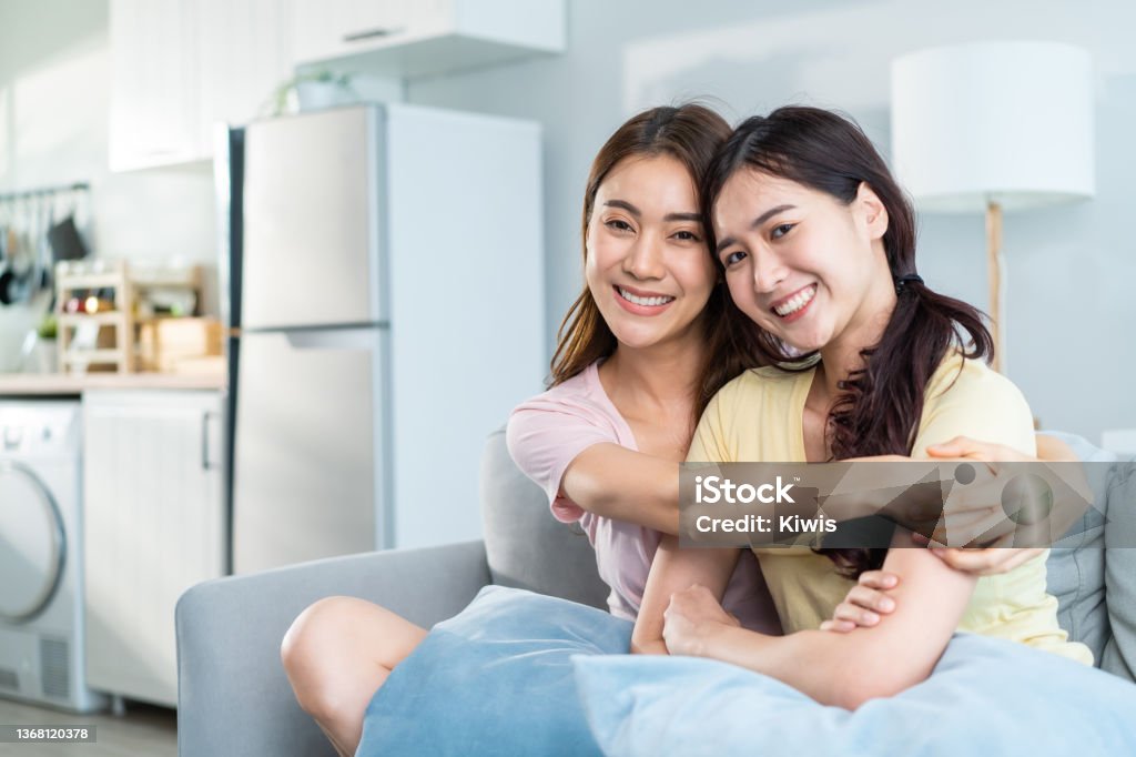 Portrait Of Asian Beautiful Lesbian Woman Couple Smile Look At Camera