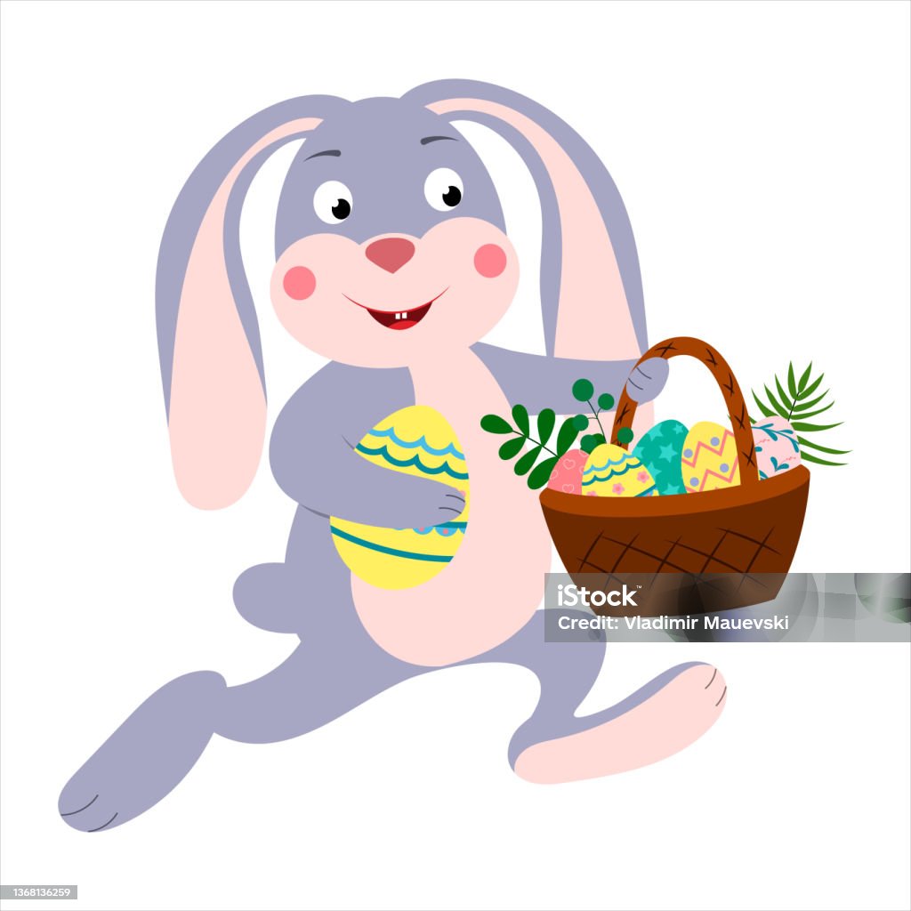 Zeichentrickfigur Osterhase Hase Mit Einem Korb Voller Farbiger