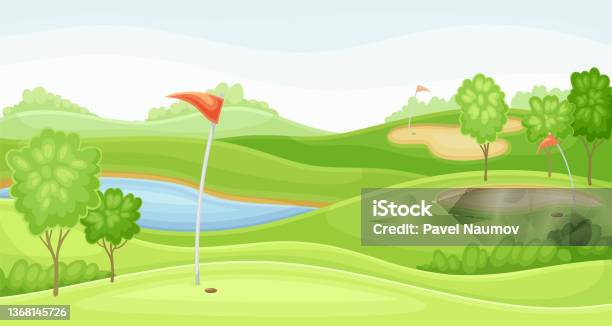 Lapangan Golf Pedesaan Dengan Lubang Bendera Merah Lanskap Indah Musim ... Lapangan Golf Pedesaan Dengan Lubang Bendera Merah Lanskap Indah Musim ...