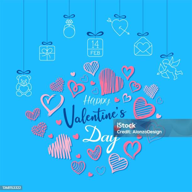 Spanduk Selamat Hari Valentine Dengan Ikon Gantung Ilustrasi Stok