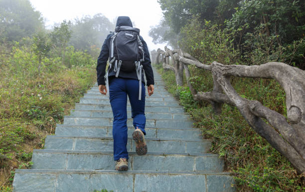 Free picture: Mountain climber climbing on stairs on peak of mountain