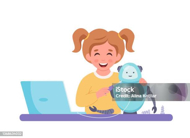 Gadis Kecil Membangun Robot Robotika Pemrograman Dan Teknik Untuk
